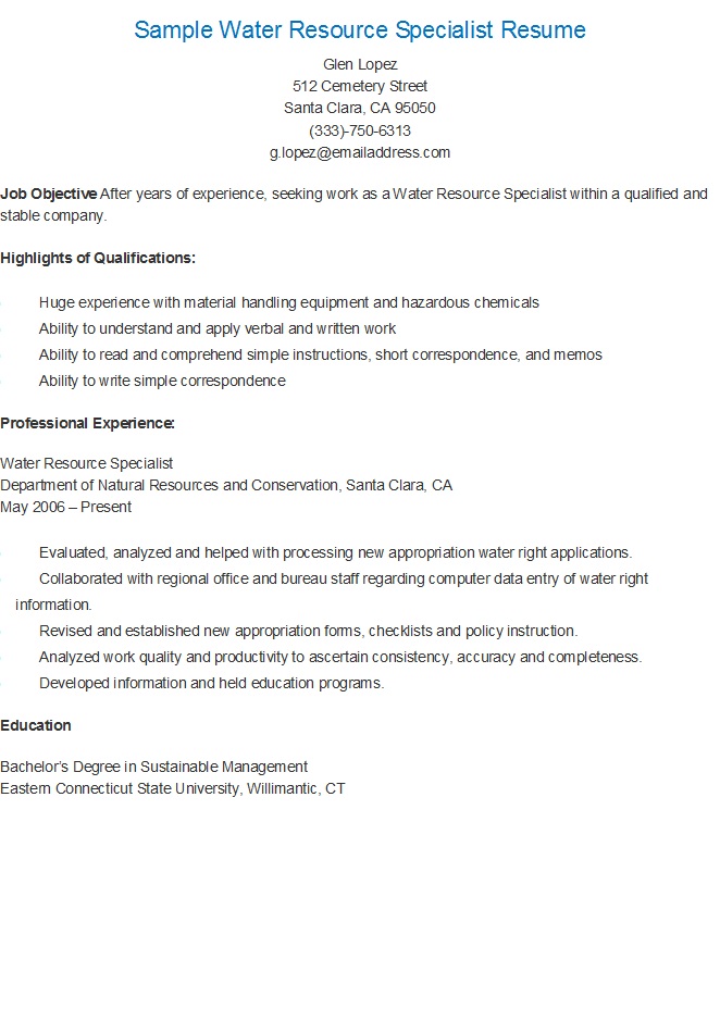 Water Resource Specialist Sample Resume: Create To Improve Your Career ...