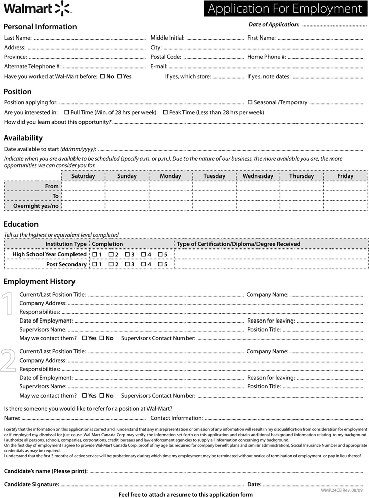 Free Printable Job Application For Walmart | Templatesz234.com ...