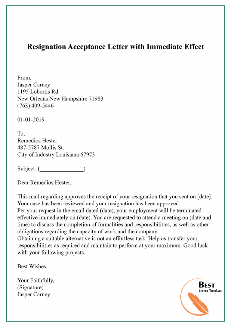 Template For Resignation Letter With Immediate Effect | Templatesz234 ...