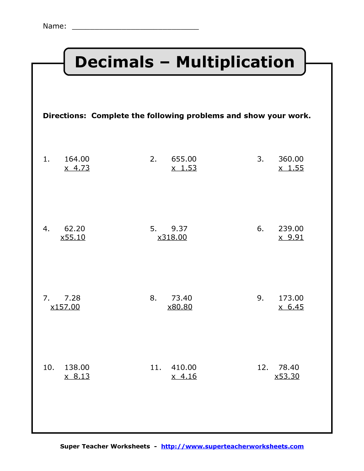 Master Multiplication Of Decimals With Vertical Worksheets ...