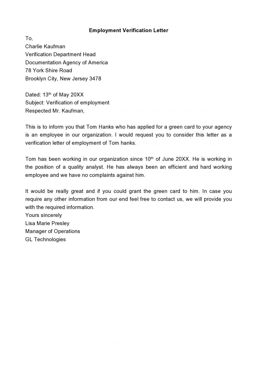Employment Verification Email Template | Templatesz234.com ...